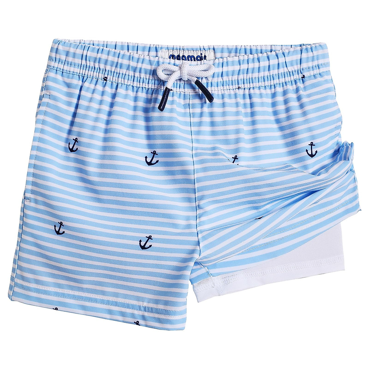 maamgic Boys Swim Trunks with Compression Liner Toddler Stretch Swim Shorts Quick Dry Swimming Trunks Boxer Brief 2 in 1 Beach Shorts White Blue Striped 5/6