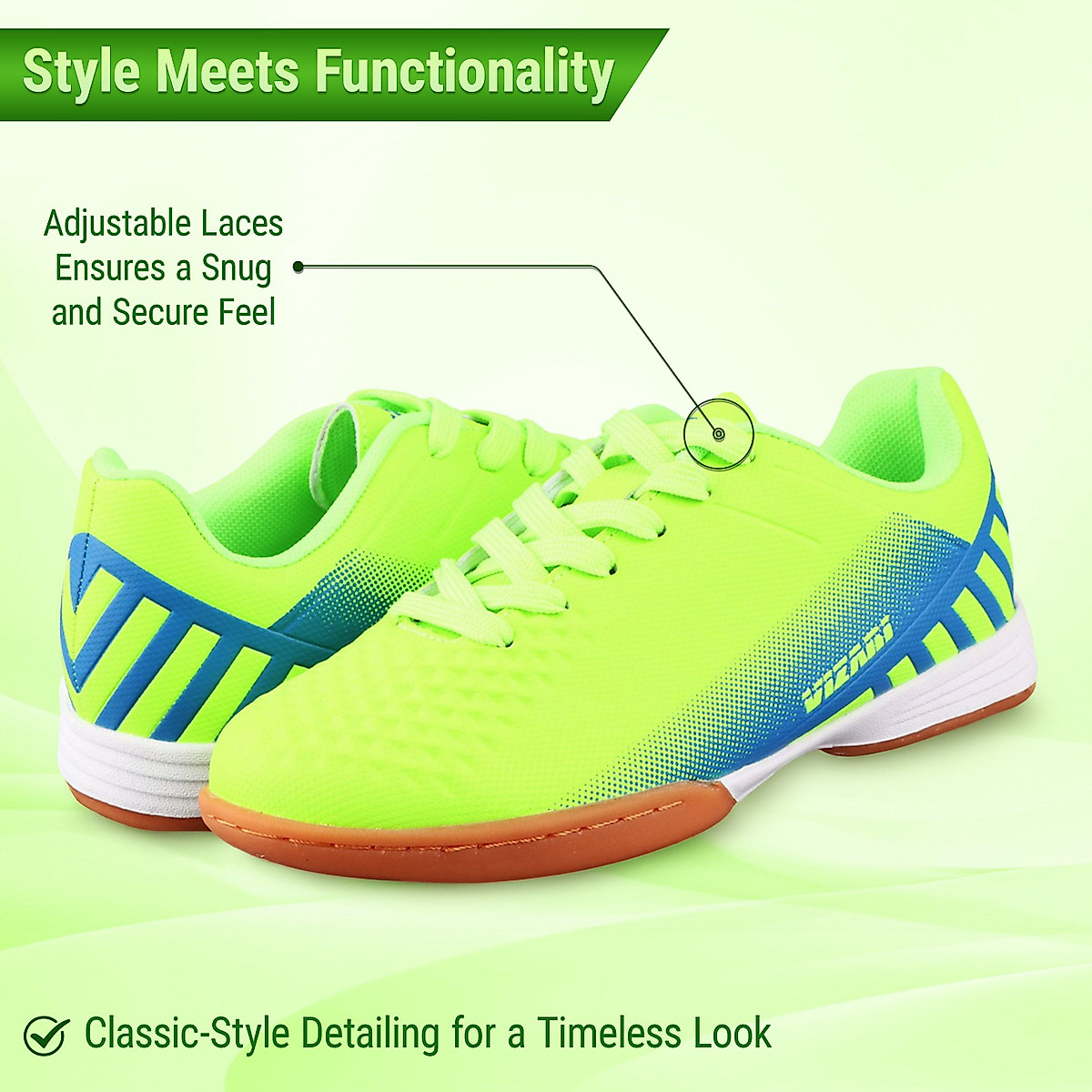 Vizari Santos Kids Indoor Soccer Shoes | Synthetic & Water Resistant Kids Soccer Cleats | Durable Football Shoes with Rubber Outsole for Maximum Traction for Boys and Girls, (Green, 8.5)