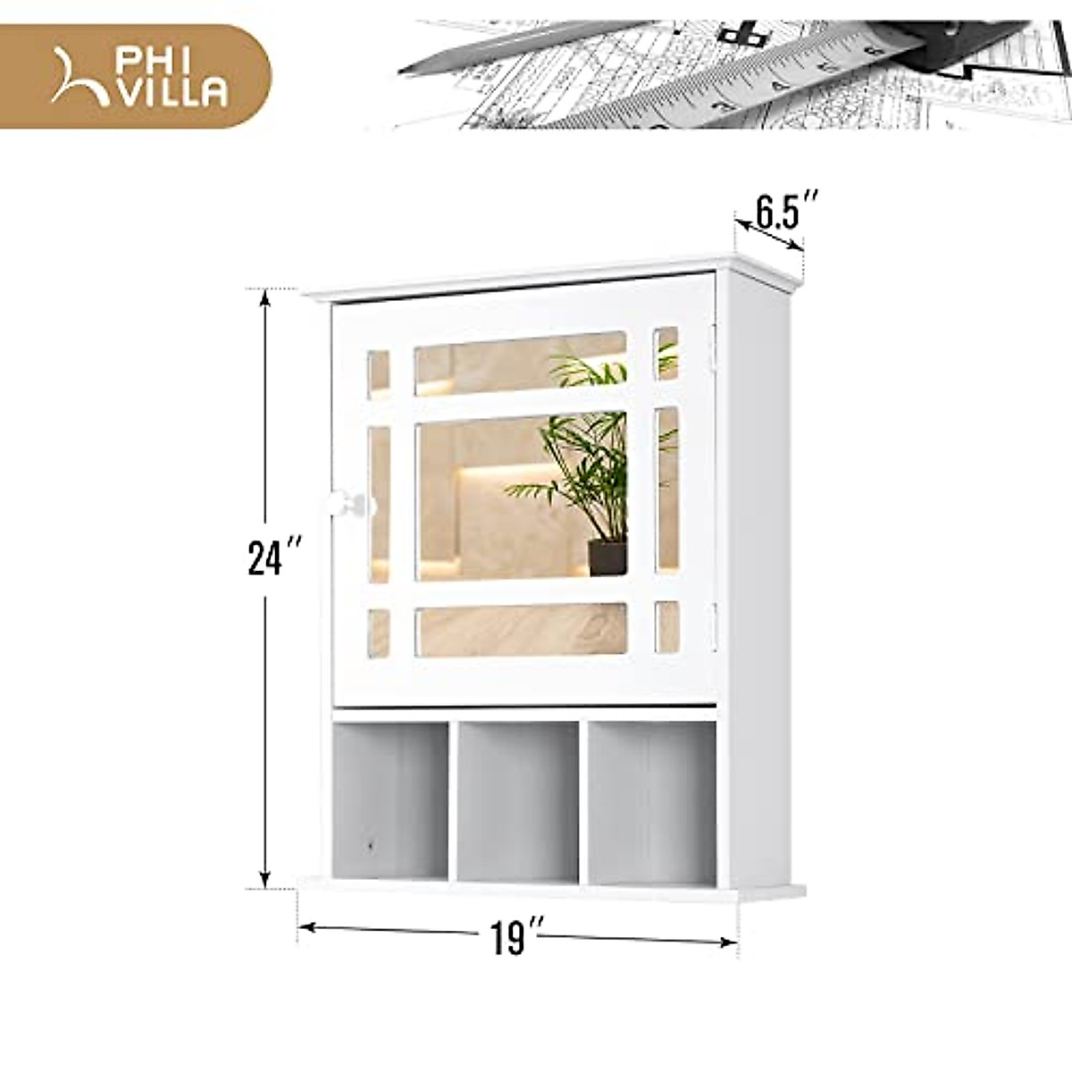 PHI VILLA Indoor Bathroom Medicine Cabinet with Mirror Wall Mounted Storage Cabinet Organizer with Mirrored Doors and Adjustable Shelf, White