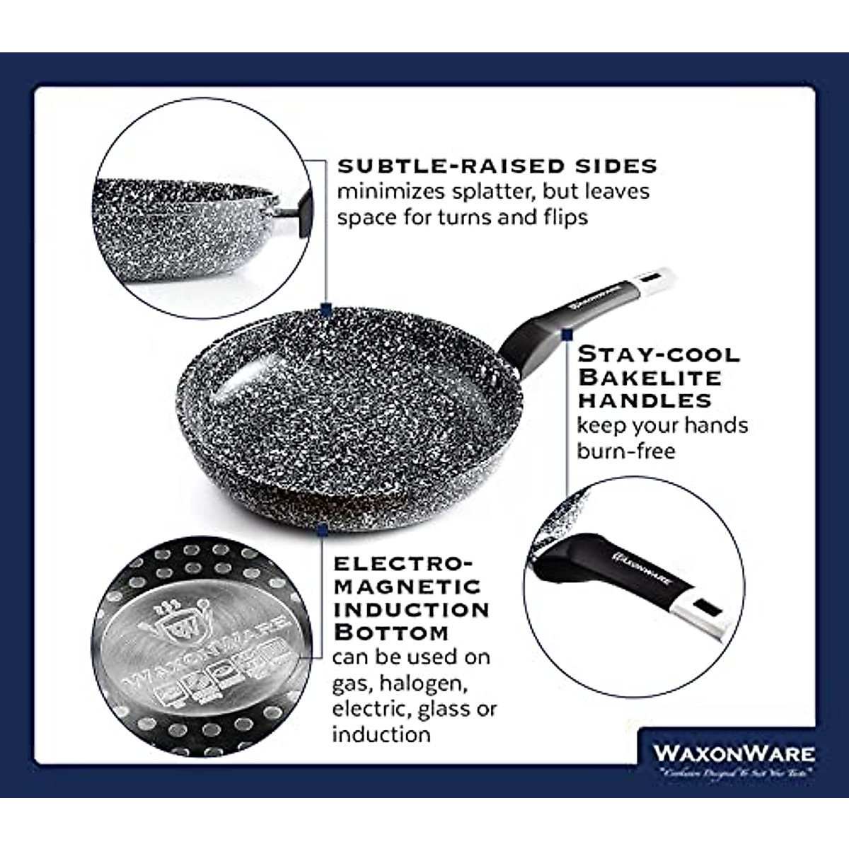 WaxonWare 11 Inch Ceramic Nonstick Frying Pan/Nonstick Skillet, Large Anti-Warp Non-Toxic PTFE PFOA Free Granite Nonstick Pan, Induction Cooking Compatible, Non-Stick Egg Frying Pan- STONETEC Series