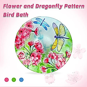 Glass Bird Baths for Outdoors, Outside Birdbaths Garden Bird Feeder with Metal Stand for Garden Patio Lawn Yard Decor 17.7" Dia 20.8” Height Dragonfly
