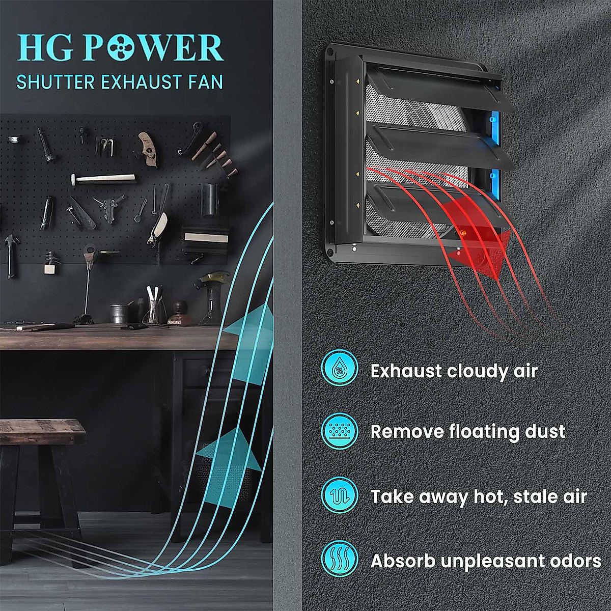 HG Power 10 Inch Shutter Exhaust Fan with Mesh Screen, 647CFM Low Noise Shed Exhaust Fan for Ventilation Use, 10" Silent Wall Mounted Extractor Fan for Basement, Gable, Chicken Coop, Black
