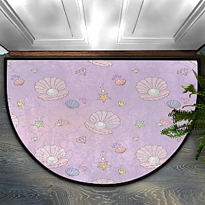 GeMeFv Mermaid Scales Pearl Shell Half Round Door Mat Starfish Diamond Non-Slip Half Circle Area Rug Doormat Washable Half Moon Rug for Indoor Outdoor Kitchen Bedroom Home Decor