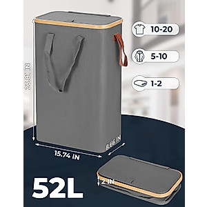 yamagahome Slim Laundry Basket with lid, Collapsible Narrow Laundry Hamper with Removable Washable Laundry Bag, Thin Hamper Storage Basket Made of Bamboo and Oxford for Bedrooms, Bathroom, RV, 52L