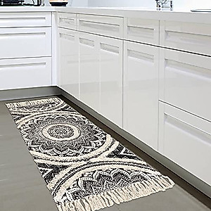 KIMODE Mandala Boho Runner Rug 2x5 Washable Cotton Hand Woven Bedroom Rug Runner Black Throw Rugs Tufting Bohemian Rug for Living Room/Laundry Room/Kitchen/Entryway