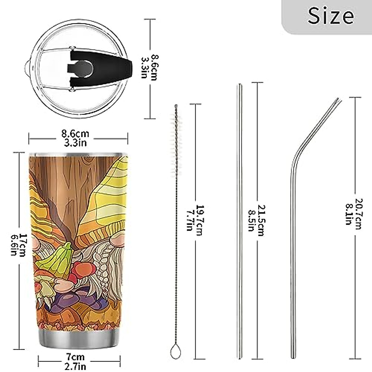 Happy Fall Gnome Dwarf Travel Mug Insulated Tumbler with Lid and Straw Pumpkin Mushroom Stainless Steel Vacuum Double Walled Drinking Cup Keeps Drinks Cold & Hot Water Bottle for Travel Coffee Home