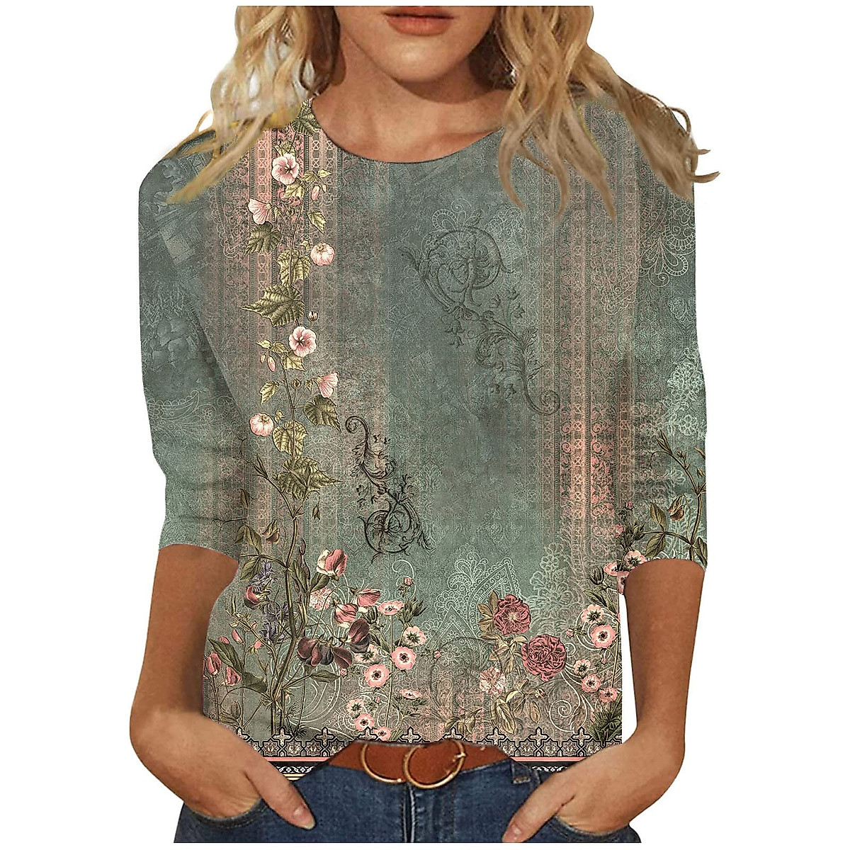 Womens Fall Fashion 2024,Fall Outfits Prime of Day Deals Today Log in 3/4 Length Sleeve Womens Tops Graphic Tees Plus Size Fall Tops Floral Blouses Dressy Casual Tunic Tshirts Green,L