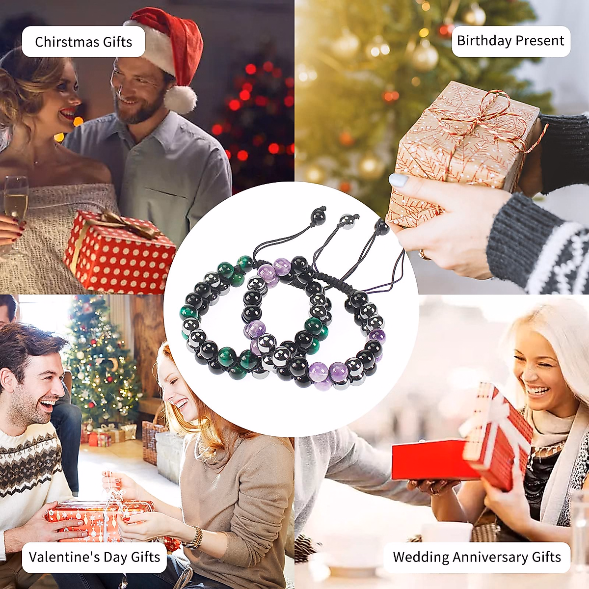 2 Pack Couple Bracelets, Evil Eye Triple Protection Natural Tiger Eye Hematite Black Agate Amethyst Healing Crystal Bracelet Bring Luck Prosperity, 8mm Beads Bracelet for Men and Women