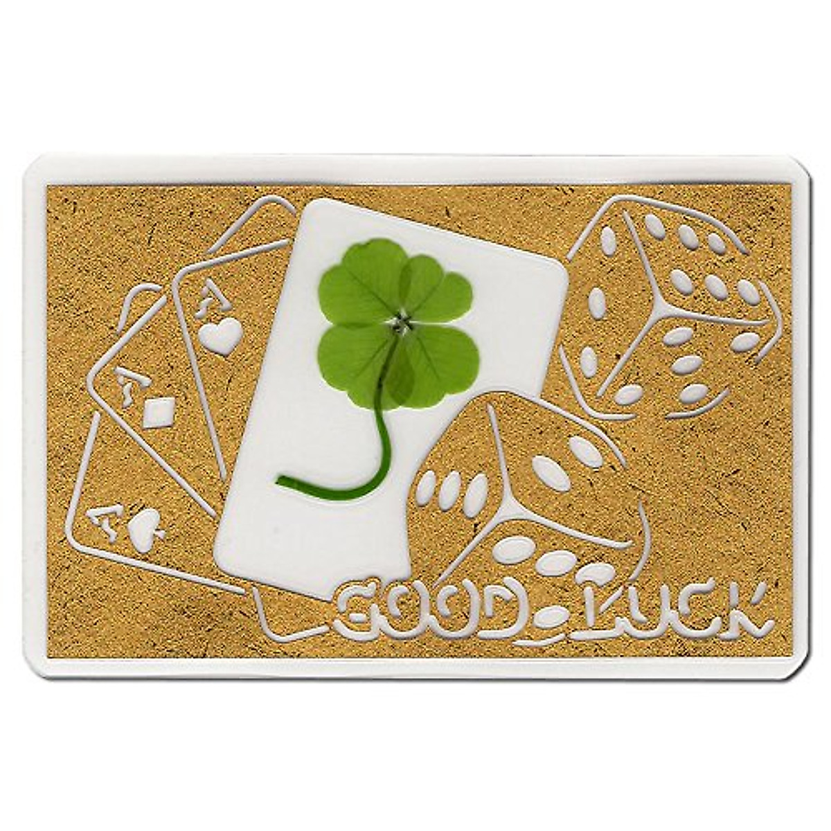 KIN-HEBI Real Four Leaf Clover, Preserved, Laminated Card, Gold Version, Cutting Picture “Good Luck & Cards Dices”, 3.54” x 2.36”