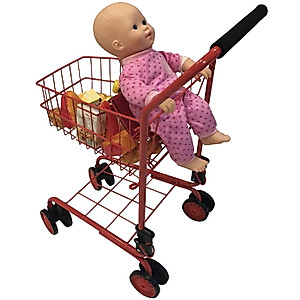 The New York Doll Collection Toy Shopping Cart for Kids and Toddler - Includes Food - Folds for Easy Storage - with Sturdy Metal Frame (Red)