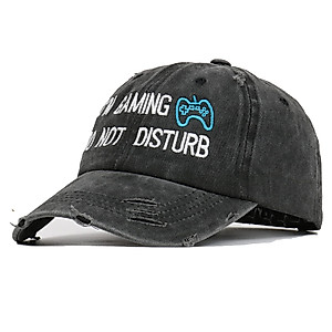 Retro wash Embroidered Baseball Cap Do Not Disturb I'm Gaming Hat Lady with Ponytail Men's Adjustable Cap (Black with Horsetail)