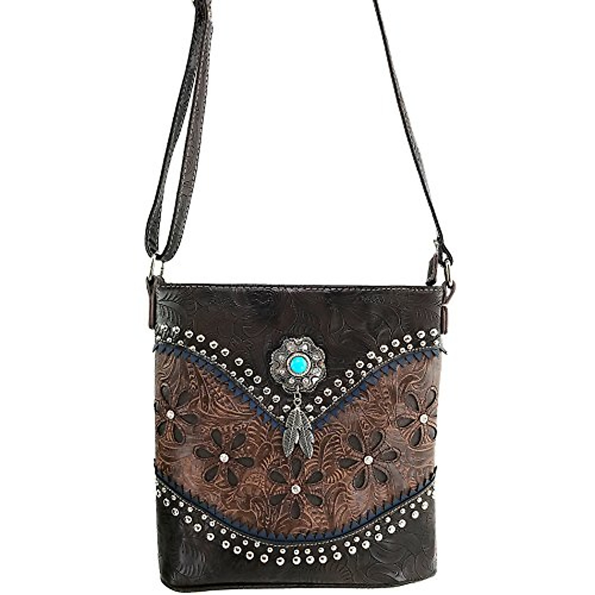 Justin West Turquoise Stone Concho Feathers Western Tooled Studs Concealed Carry Handbag Purse (Brown Messenger Only)