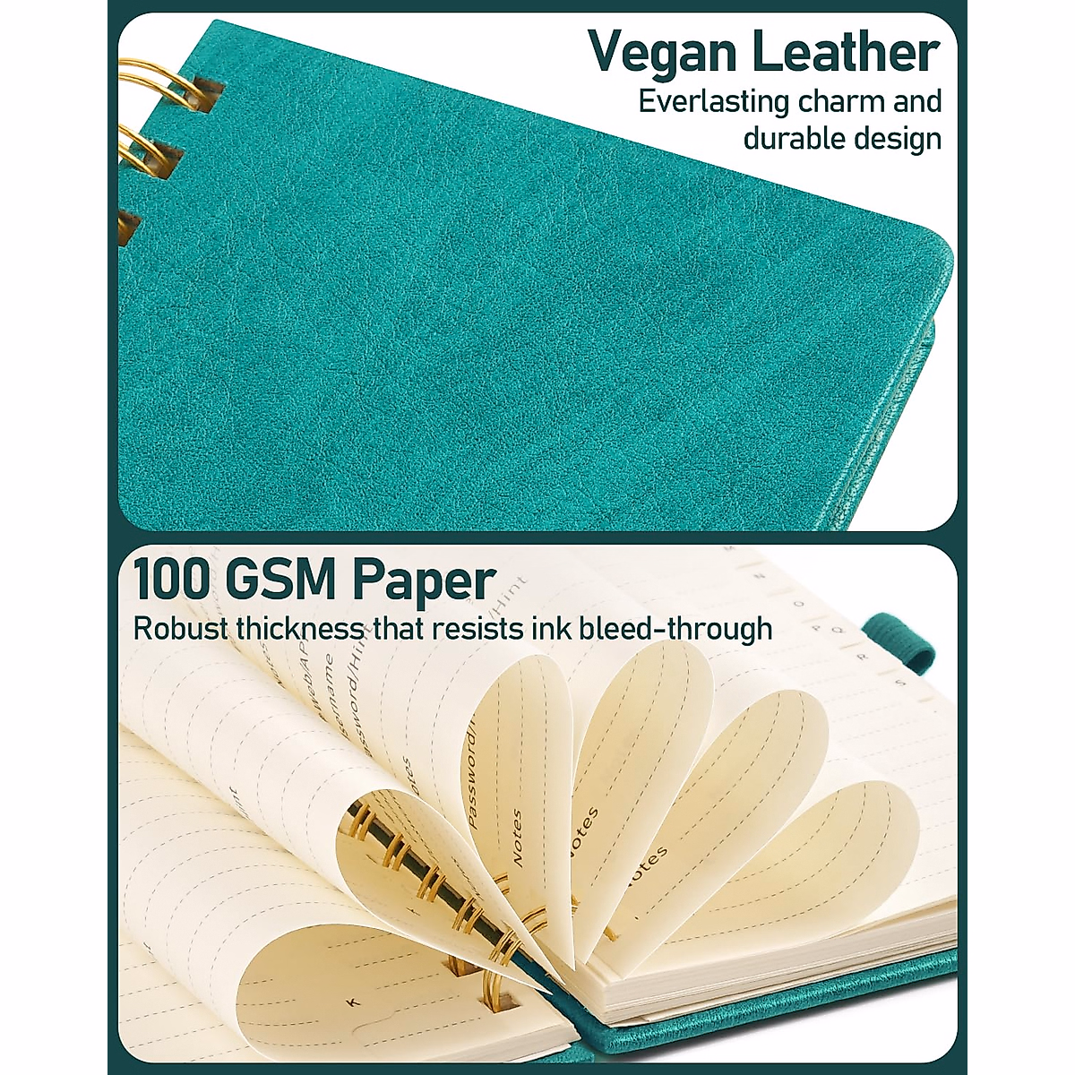 WEMATE Password Book with Alphabetical Tabs, Spiral Password Keeper Book for Seniors, Internet Password Notebook Password Journal Logbook Log in Detail, Small – 4.7''x 6'' (Teal)