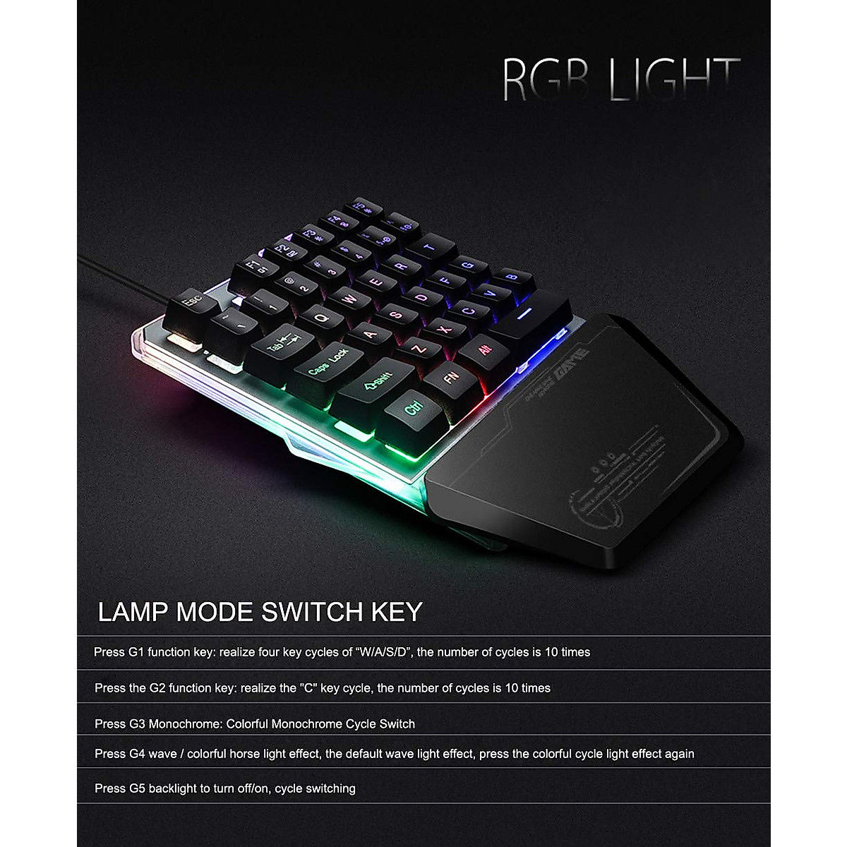 HiGOGO G40 Wired 35 Keys One-Handed Gaming Keypad Rainbow LED Backlight with Large Wrist Pad Membrane Keyboard (Sliver)