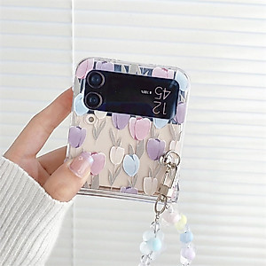 HANASE Cute Beads Pendant Flower Painting Hinge Phone Case for Samsung Galaxy Z Flip 4 3 Z Flip3 Flip4 5G Clear Hard Protective Cover,Z5,for Z Flip 4