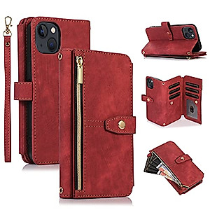UEEBAI Crossbody Wallet Case for iPhone 13/iPhone 14 6.1 inch, 9 Card Slots Adjustable Crossbody Zipper Cover Detachable Lanyard Strap Flip Case with Hand Strap Kickstand Case - Red Wine