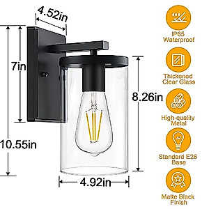 【Upgraded】 Outdoor Wall Lantern, Exterior Waterproof Wall Sconce Light Fixture, Matte Black Rustproof Porch Lights Wall Mounted Lighting with Clear Glass Shade & E26 Socket for Patio Garage, 2-Pack