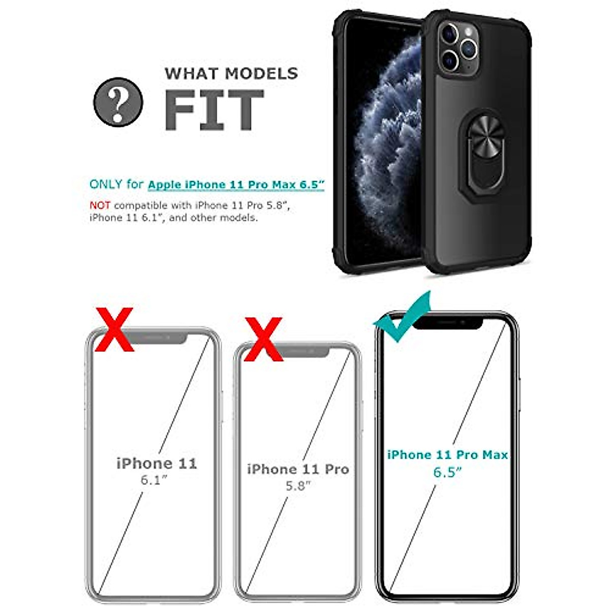 GREATRULY Kickstand Case for iPhone 11 Pro Max 6.5 Inch (2019),Drop Protection Clear Case,Slim Phone Cover Shell,Soft Bumper + Hard Back + Ring Stand Fits Magnetic Car Mount,Black