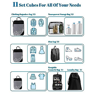 Instraella Compression Packing Cubes for Suitcases, 11 Set Packing Cubes Travel Accessories With 3 Compressible Packing Cubes, Travel Makeup Bag, Shoe Bag, Cable Organizer Bag For Carry On Luggage