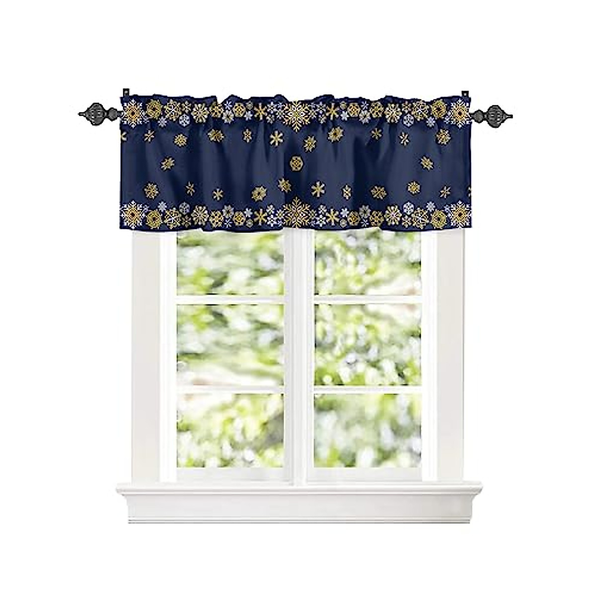 Christmas Day Kitchen Curtain Valance for Window Winter Geometric Snowflake 60x18In Rod Pocket Valances Short Curtains Window Treatment for Living Room Bathroom Bedroom Cafe Decor Gold White on Blue