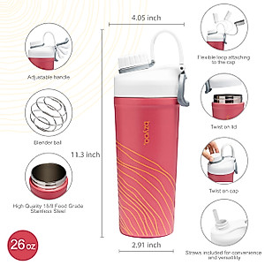 bzyoo 26oz Double-Walled Stainless Steel Insulated Tumbler with Straw Leak Proof Ideal for Smoothies, Ice Tea or Coffee Includes Mixer Ball BPA Free - Organica Red