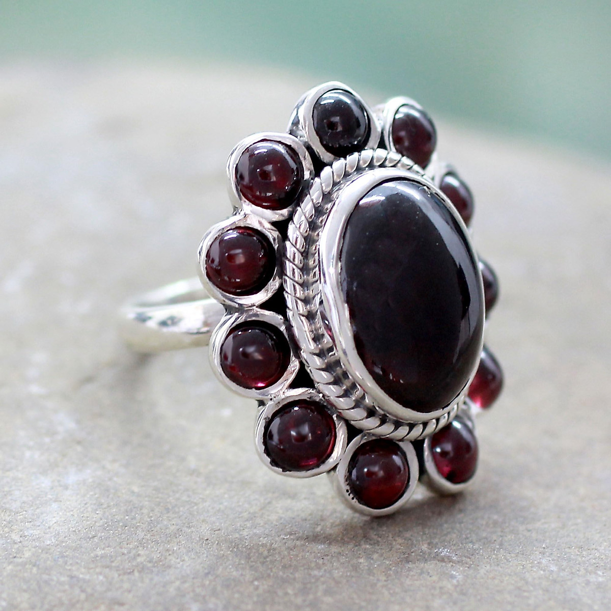 NOVICA Artisan Handmade Garnet Cocktail Ring Floral Jewelry Sterling Silver Red India Bollywood Birthstone [crownbezel 1 in L x 0.8 in W x 0.4 in H Band Width 3 mm W] ' Scarlet Petals'