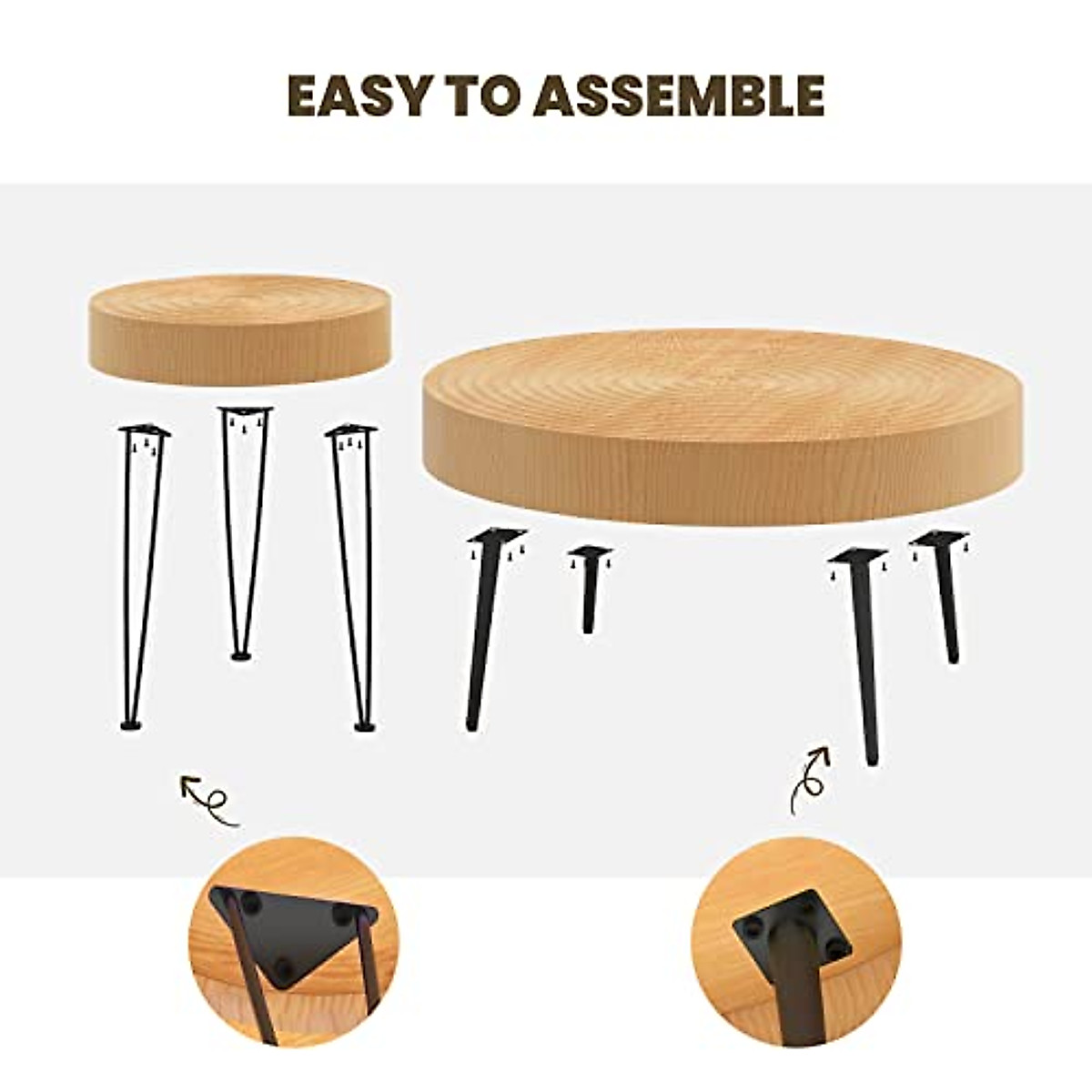 GOFLAME Round Coffee Table Set of 2, Farmhouse Boho End Tables with Natural Finish & Wood Ring Motif, Solid Wood Nesting Side Tables with Metal Legs & Adjustable Foot Pads for Living Room, Bedroom