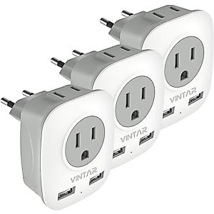 [3-Pack] European Travel Plug Adapter, VINTAR International Power Plug Adapter with 2 USB Ports,2 American Outlets- 4 in 1 Travel Essentials to France, Germany, Greece, Italy, Israel, Spain (Type C)