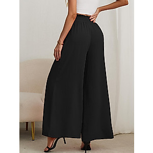 AusLook Women's Wide Leg Dress Pants with Pockets Black XX-Large Lightweight Elastic High Waisted Adjustable Tie Knot Flowy Loose Slacks Lounge Casual Ladies Beach Pleated Trousers