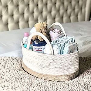 Mila Millie Baby Large Cotton Rope Diaper Caddy | Organizer Storage Bin for Nursery Essentials | Portable Bag for Changing Table and Car | 100% Natural Cotton | Eco friendly (White & Biege) 15.5x10x7 Inch (Pack of 1)