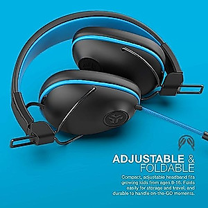 JLab JBuddies Pro Wired Over-Ear Kids Headphones, Built-in Volume Regulators for Safety, Folding, Adjustable, Noise Isolation, with Mic, Blue