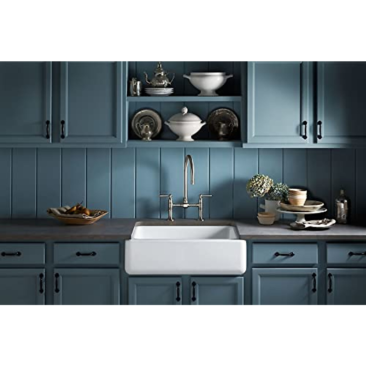 KOHLER K-6487-0 Whitehaven Farmhouse Self-Trimming 29-11/16" x 21-9/16" x 9-5/8" Front Undermount Single-Bowl Kitchen Sink with Tall Apron, 30 Inch, White