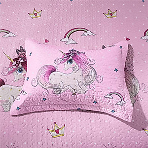 Quilt Set Twin Size Girls Quilt Bedding Twin Quilts Girls Kids Quilt Bedspreads Coverlet Pink Unicorn Bedding Girls Lightweight Reversible Quilts Set Bedding Girls Pink Quilt with Pillow Shams