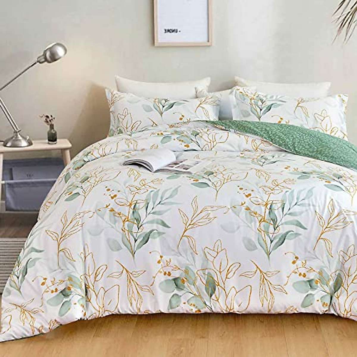 Nanko Queen Size Comforter Set, Green Gold Floral Leaf Flower Print Pattern Down Alternative Comforter Microfiber Modern Bedding,All Season Duvet Bed Set in a Bag for Women Men, 3 Pcs,88 x 90 inch