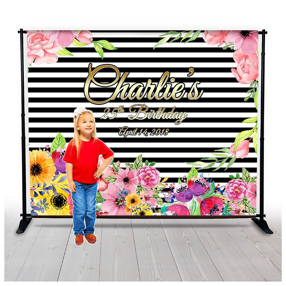 BannerBuzz Happy 25th Birthday Custom Step and Repeat Banner, Graphic with Hardware, 11 oz. PVC Flex, 38 mm Pole Diameter, 720 DPI Eco-Solvent Printing, for Events and Parties, Photography Background (8'W x 8'H)