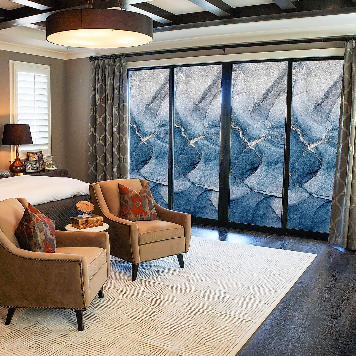 BoeHiop Window Privacy Film, Abstract Blue Ink Marble Texture Frosted Window Clings, Decorative Glass Covering Decals, Non-Adhesive Vinyl, 17.7 x 23.6 in