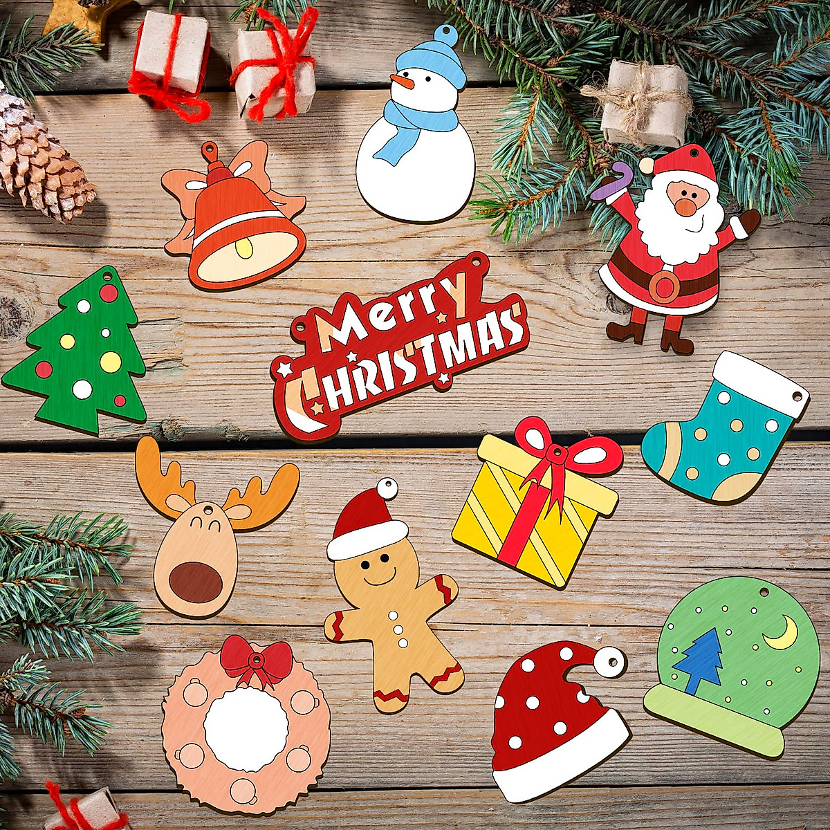 Springflower 36pcs Wooden Christmas Ornaments for Hanging Decorations,12 Styles Unfinished Wood Slices with Holes for Kids,DIY Craft Gift Toys with Paint Set for Girls and Boys Ages 5 6 7 8 9 10 11 12