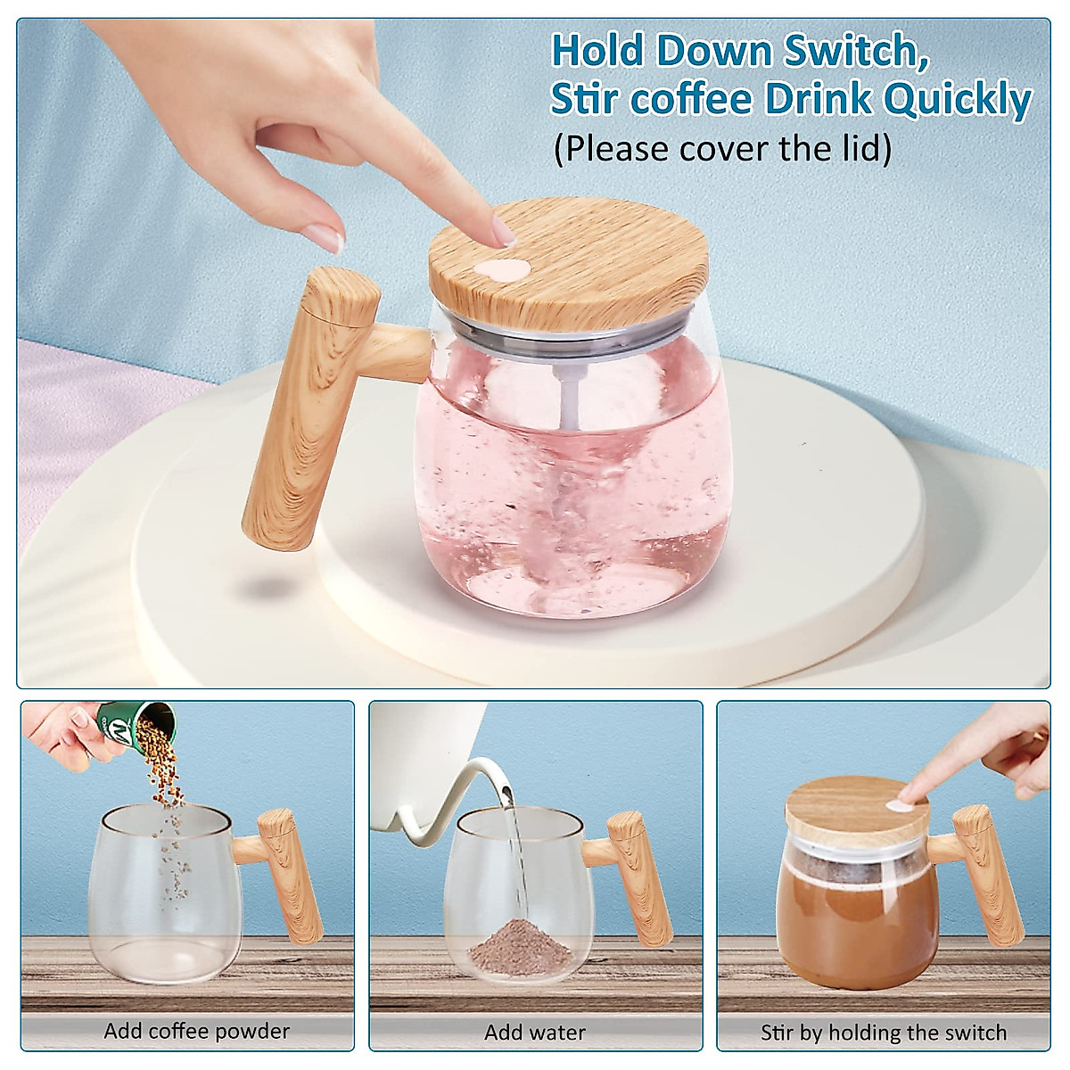 VAlinks Self Stirring Coffee Mug, Glass Electric Self Mixing Cup with Lid & Handle, 400ml Auto Self Stirring Cup To Stir Coffee, Mixed Milk, Powder for Office Home (2*AAA Battery Power)