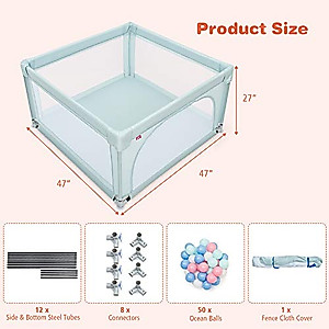 Costzon Baby Playpen, Extra Large Playard for Babies w/ 50 Ocean Balls, Infant Safety Gates with & Anti-Slip Suckers, Children's Fences with Breathable Mesh Walls, Toddler Play Yard (Blue)