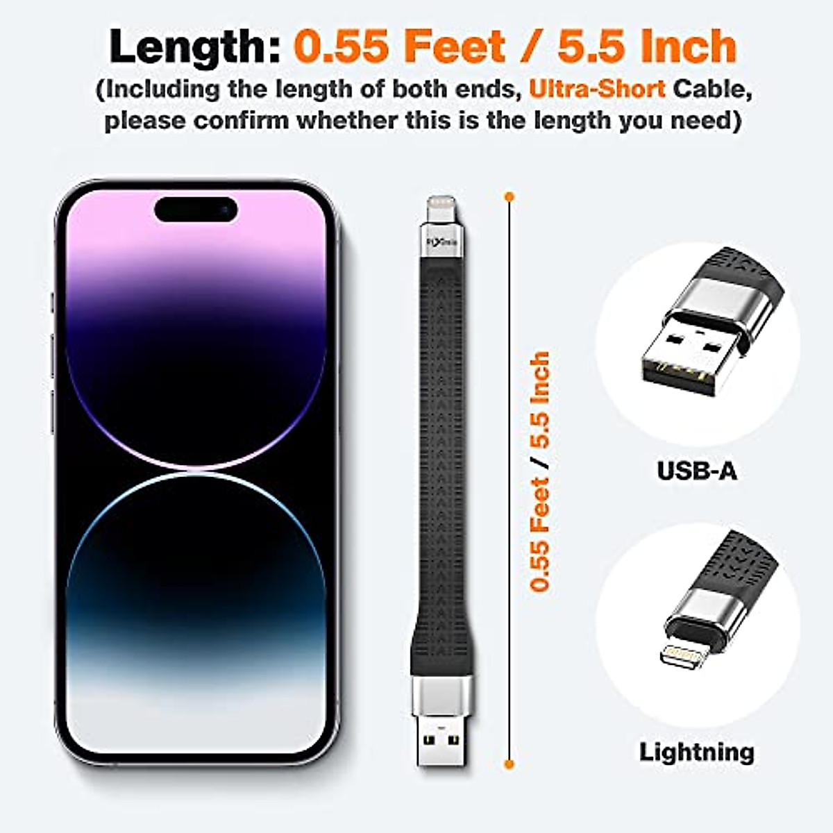 Rixmie Short USB A to Lightning Cable, [MFi Certified-13.5cm] 30W Fast Charging for 14 Pro/14/13/13 Pro/12 Pro Max/12/11/11 Pro/X/XS, AirPods, iPad Pro Air Mini, MacBook (Not Work with DAC)- Black