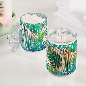 Palm Leaves 2 Pack Qtip Holder Organizer Dispenser Plastic Bathroom Jars Storage Containers with Lids Clear Jars for Home Bathroom Decor