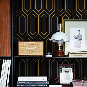 Safiyya Peel and Stick Wallpaper Geometric Wallpaper Gold and Black Contact Paper Gold Black Textured Wallpaper Self Adhesive Removable Wallpaper for Wall Furniture Vinyl Roll 118"x17.3"