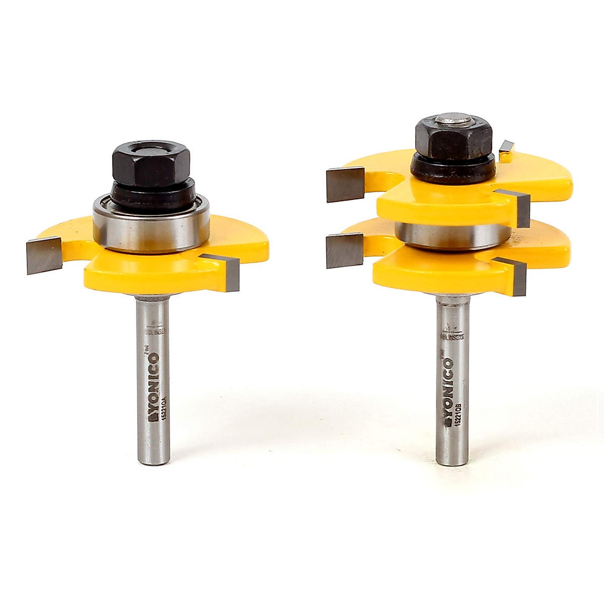 YONICO Tongue and Groove Router Bits Set Up to 3/4-Inch Stock 1/2" Cutting Depth 2 Bit Set 1/4-Inch Shank for Edge-to-Edge Hardwood Flooring, Paneling, Cabinet Door, Plywood Sheathing 15221q