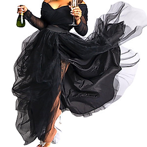 WDPL Women's Long Tulle Split Skirts Ruffles Prom Party Skirts Large Black