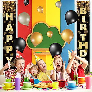 Happy Birthday Decorations Banner for Men Women Boys Girls, Black Gold Birthday Porch Sign Birthday Party Supplies Background for Birthday Party Favor Door Decorations, 72 x 12 Inch