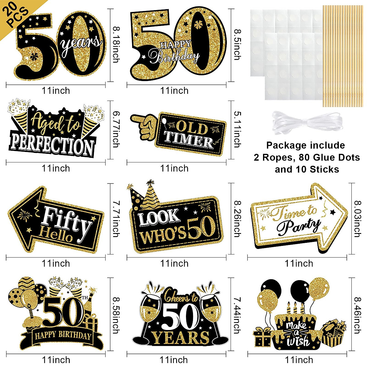 Guiruiy 20Pcs 50th Birthday Decorations for Men Women, Happy 50th Birthday Door Banner, Black Gold 50th Birthday Photo Booth Props, Waterproof Thick Cardboard 50 Bday Party Supplies for Indoor Outdoor