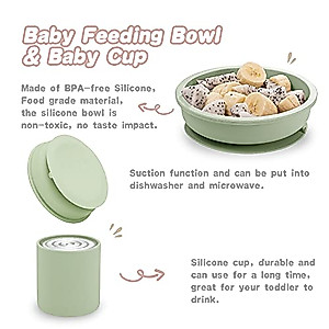Baby Feeding Set, BPA free, Food Grade Silicone Dinner Plate and Cutlery Set, Learn To Eat on Your Own, Set Includes Suction Cup Bowl, Spoon, Bib and Cup (Fruit Green)