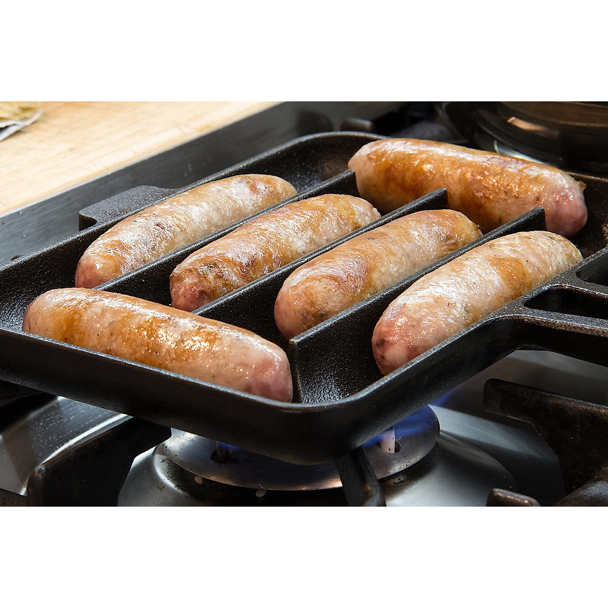 UPAN The Cast Iron Sausage Pan - Pre Seasoned Square Grill Pan for Kitchen and Outdoor Use.