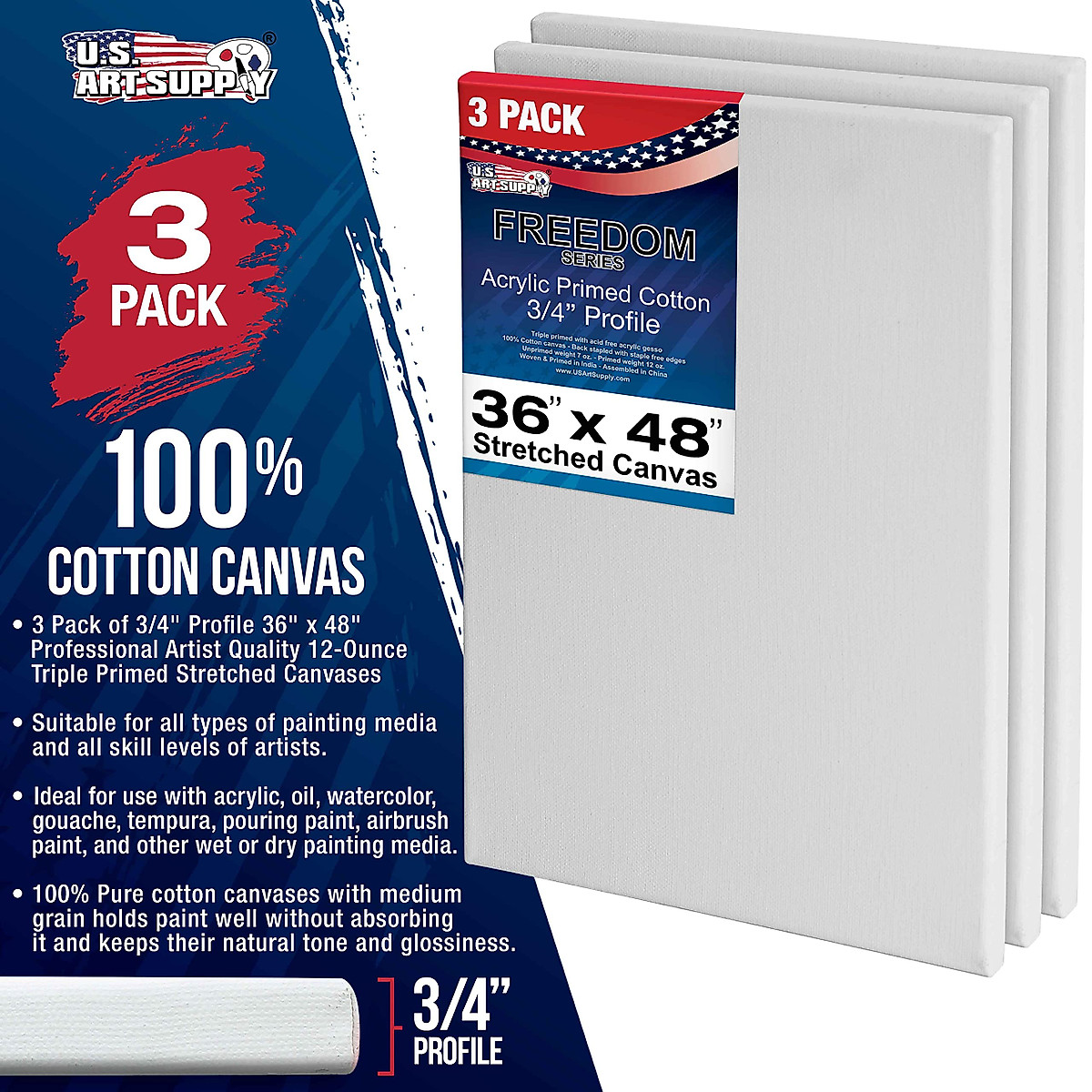 U.S. Art Supply 36 x 48 inch Stretched Canvas 12-Ounce Triple Primed, 3-Pack - Professional Artist Quality White Blank 3/4" Profile, 100% Cotton, Heavy-Weight Gesso - Acrylic Pouring, Oil Painting