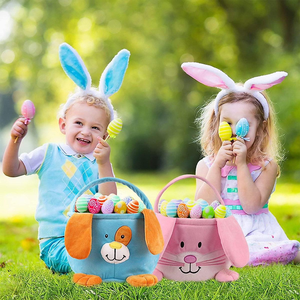 Wepop Bunny Baskets, Cute Eggs Hunting Bags Buckets Gifts for Kids Girls Boys
